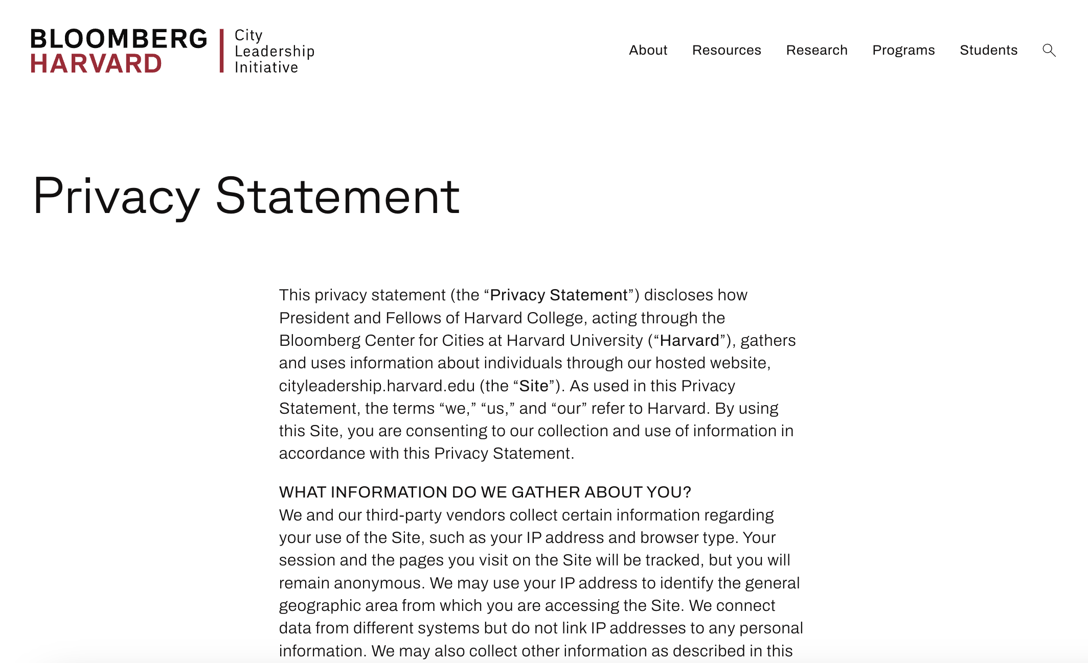 Privacy Statement - Bloomberg Harvard City Leadership Initiative Privacy Statement - Bloomberg Harvard City Leadership Initiative
